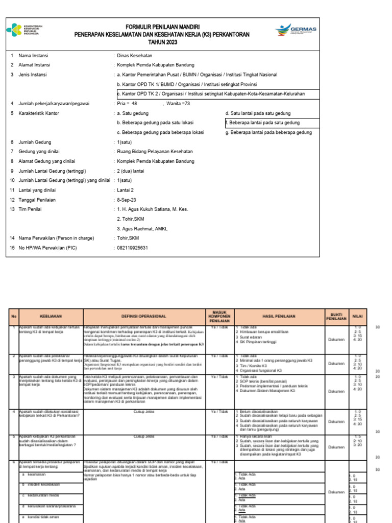 Instrumen Penerapan K3 Perkantoran 2023 Pdf