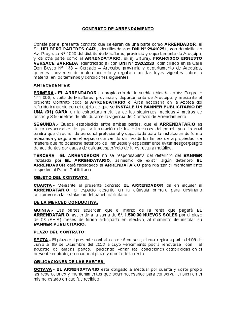CONTRATO DE ARRENDAMIENTO Banner Publicitario | PDF