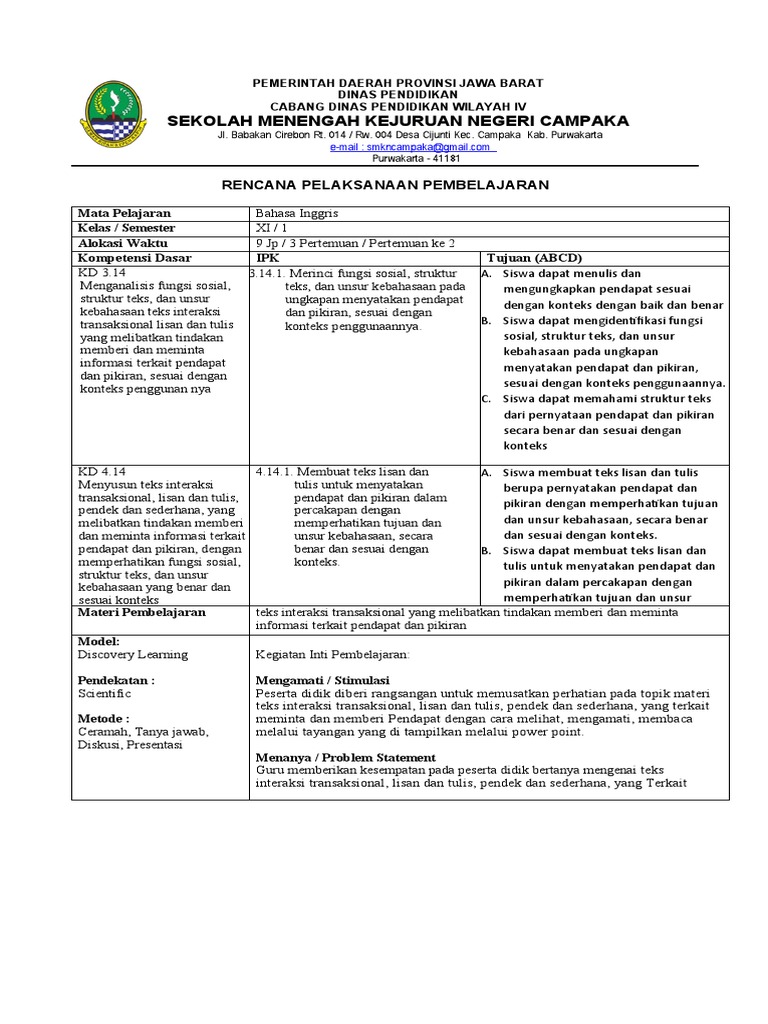 RPP Discovery Learning KD 1 Asking and Giving Opinion Pertemuan 2 | PDF ...