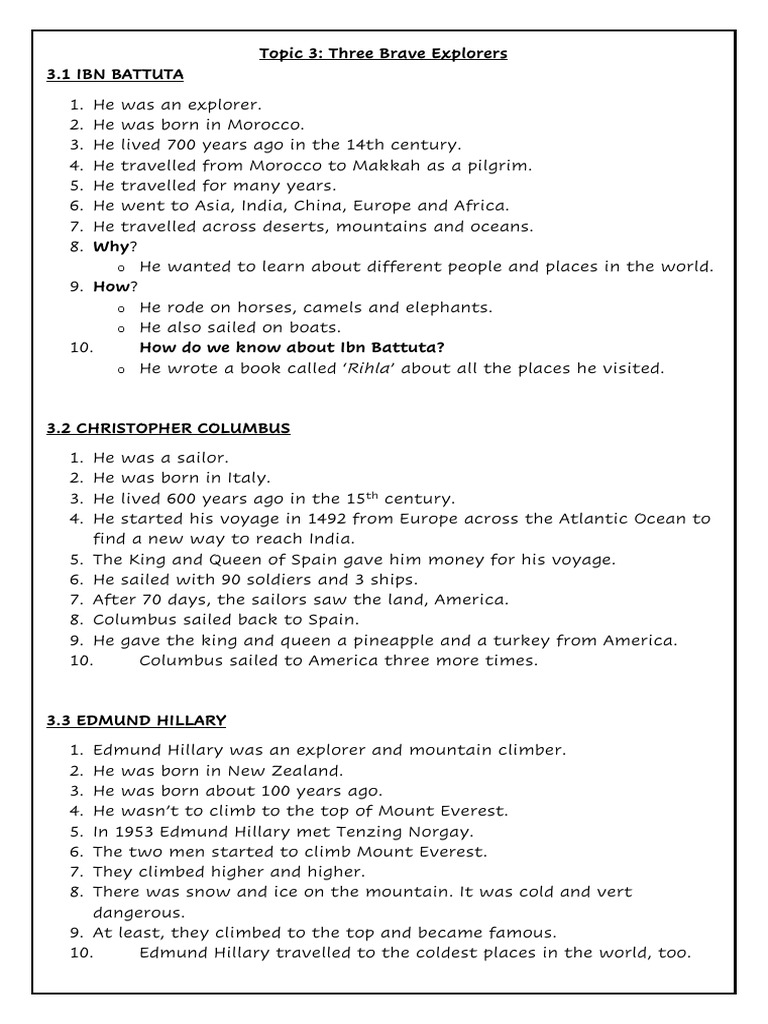 Topic 3 Three Brave Explorers - Notes | PDF