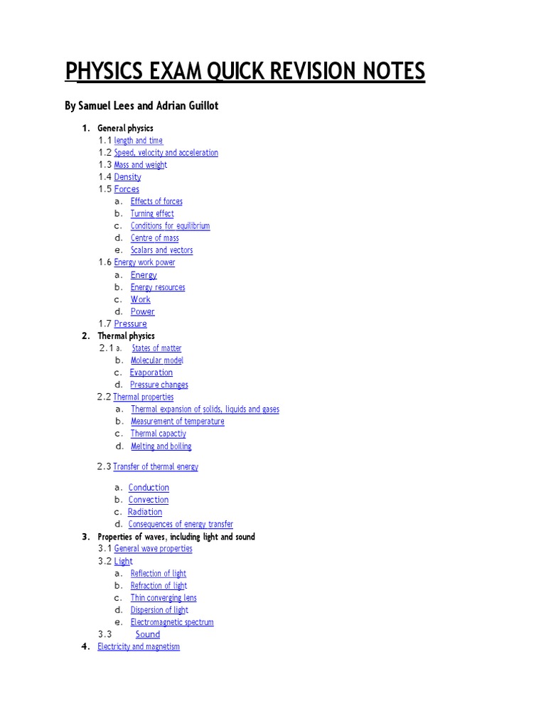 Physics Exam Quick Revision Notes | PDF | Acceleration | Force