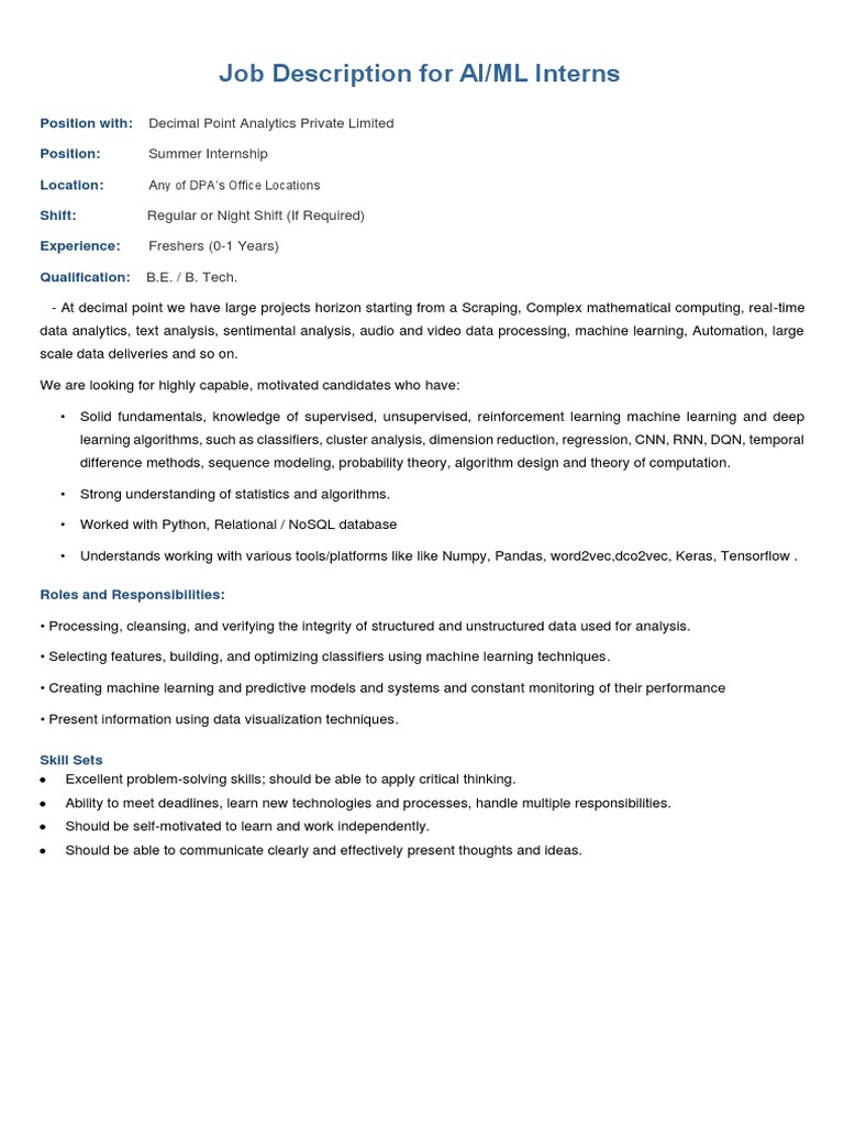 AI/ML Internship at Decimal Point Analytics | PDF