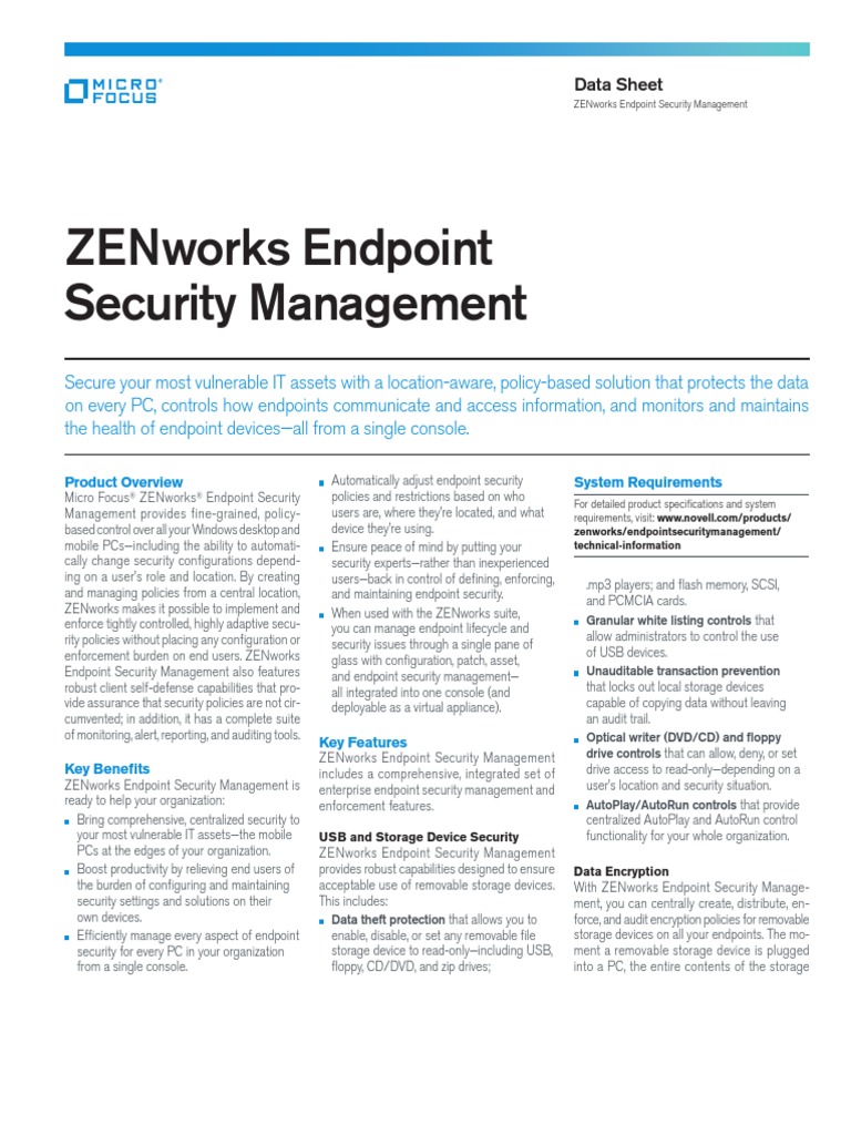 Zenworks Endpoint Security Management Data Sheet | PDF | Wi Fi | Security