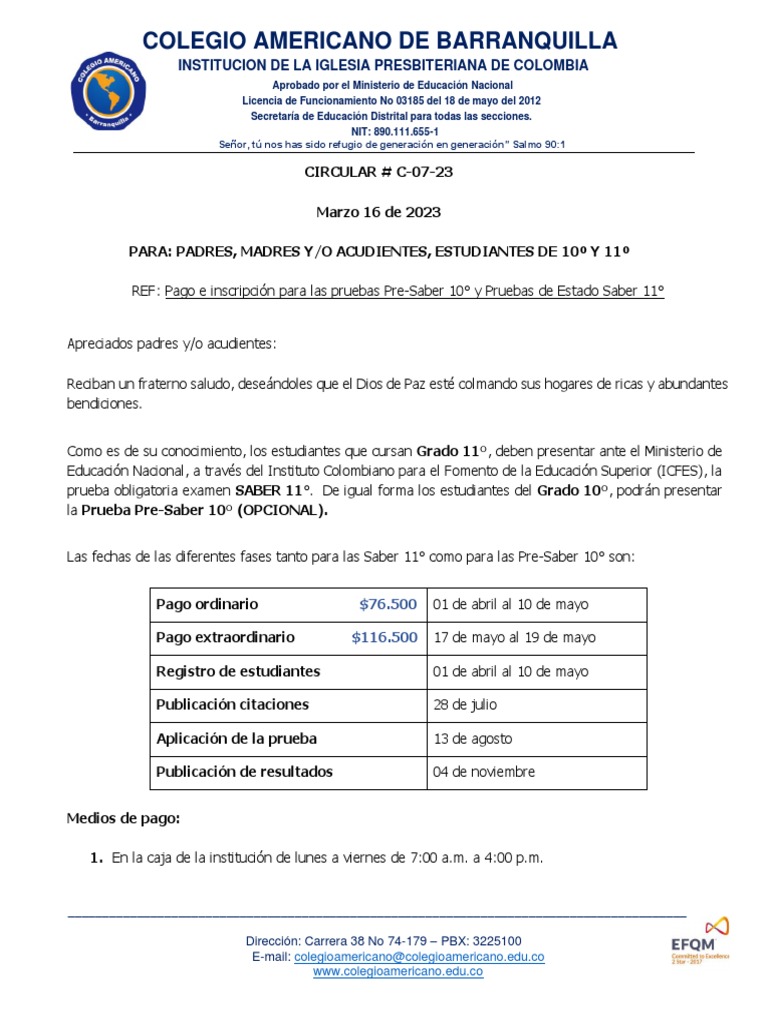 CIRCULAR 07 - INFORMACION PRUEBAS SABER 11° Y PRE SABER 10° | PDF