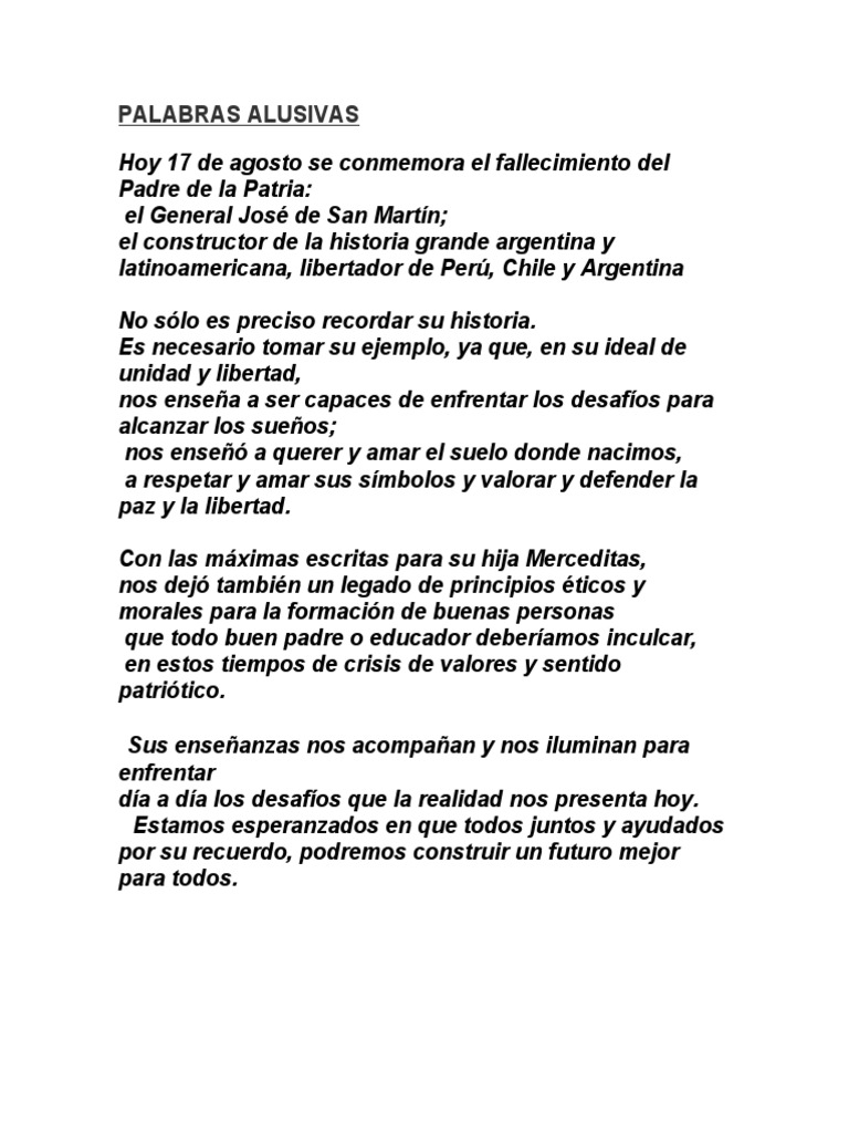 Palabras Alusivas 17 de Agosto | PDF