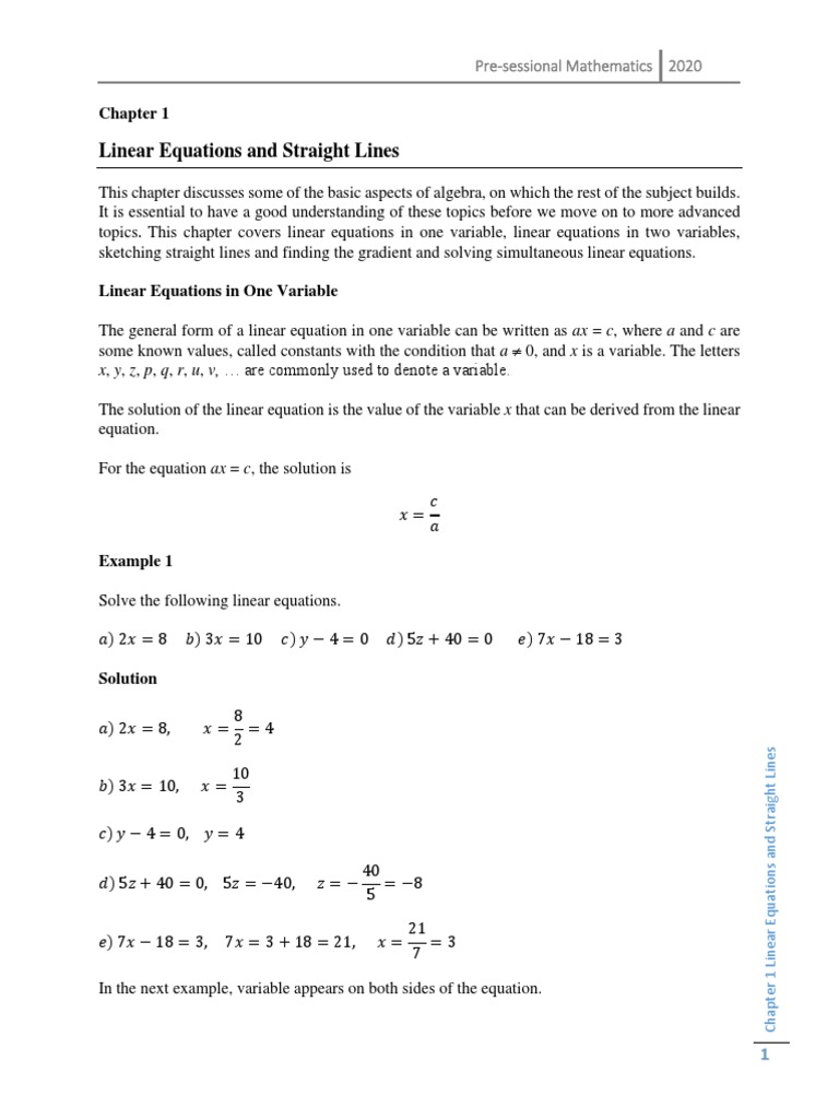 Chapter 1 Linear Equations and Straight Lines | PDF | Equations | System Of Linear Equations
