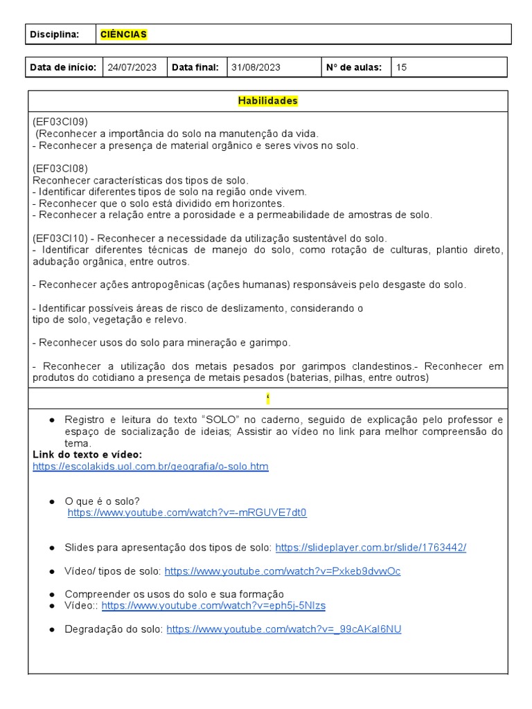 Plano de Ciências - Julho e Agosto | PDF | Solo | Science