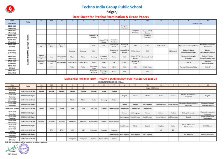 Mid Term Date Sheet 2023-24 | PDF | Mathematics | Science