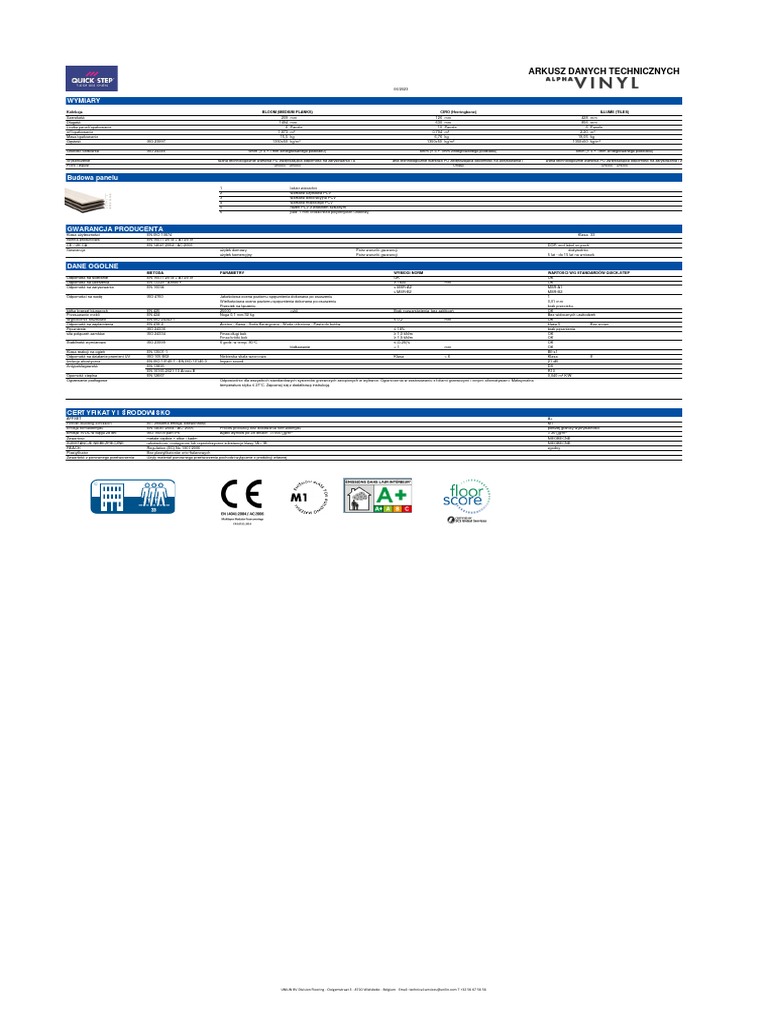 Arkusz Danych Technicznych Quick Step Alpha Vinyl 5+1mm | PDF