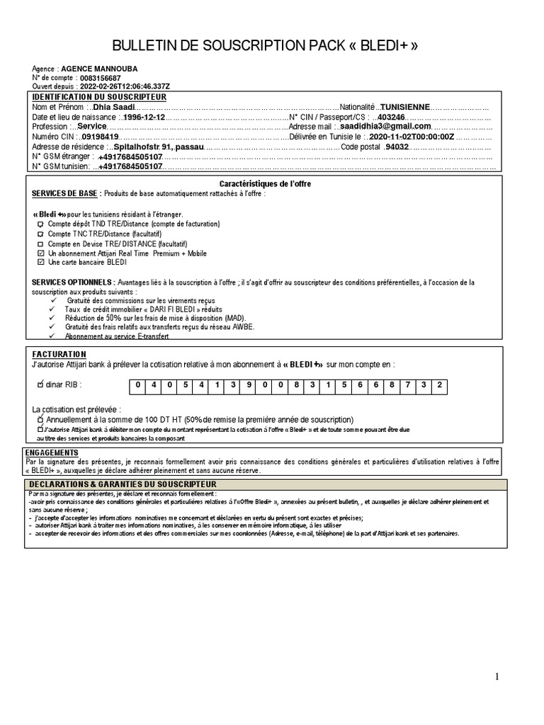 Bulletin de Souscription Pack BLEDI+ | PDF