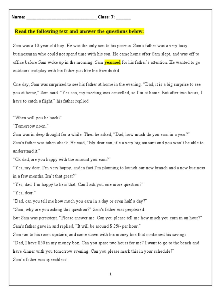 Reading Comprehension - Sam and His Father | PDF | Games & Activities