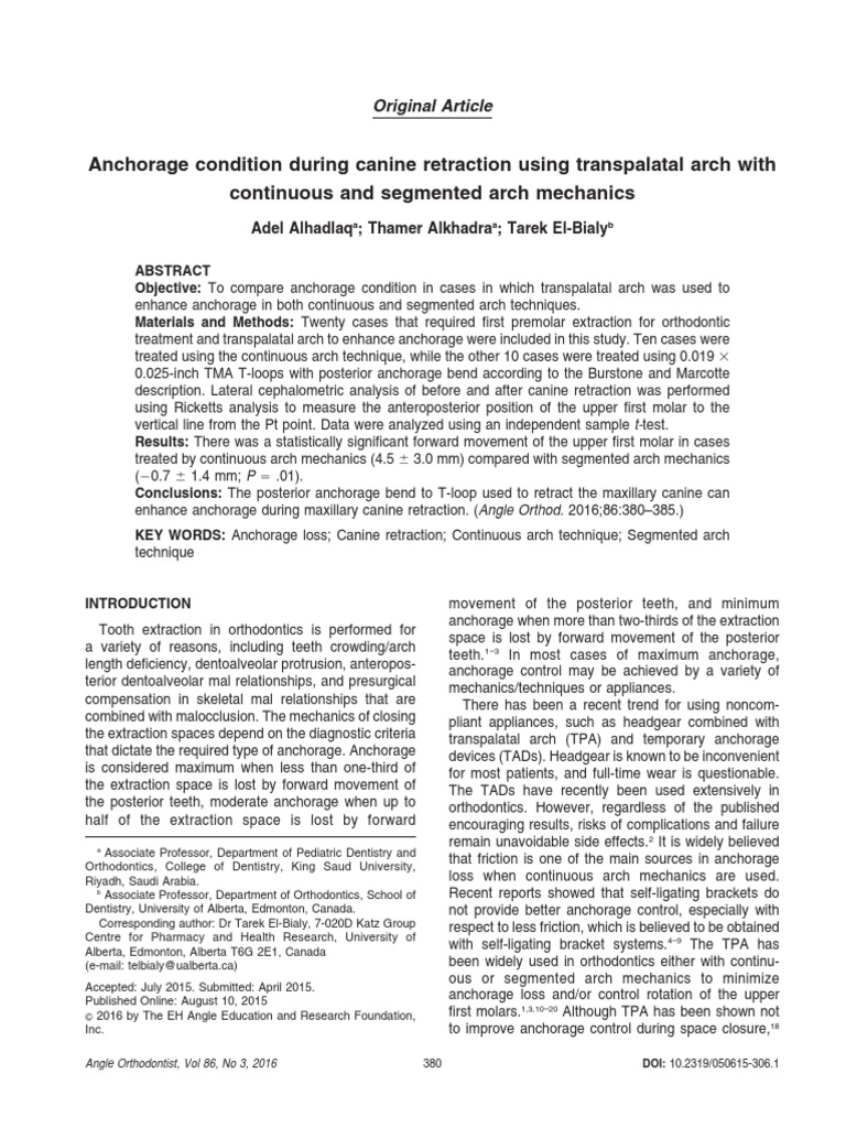 Anchorage condition during canine retraction using transpalatal arch ...
