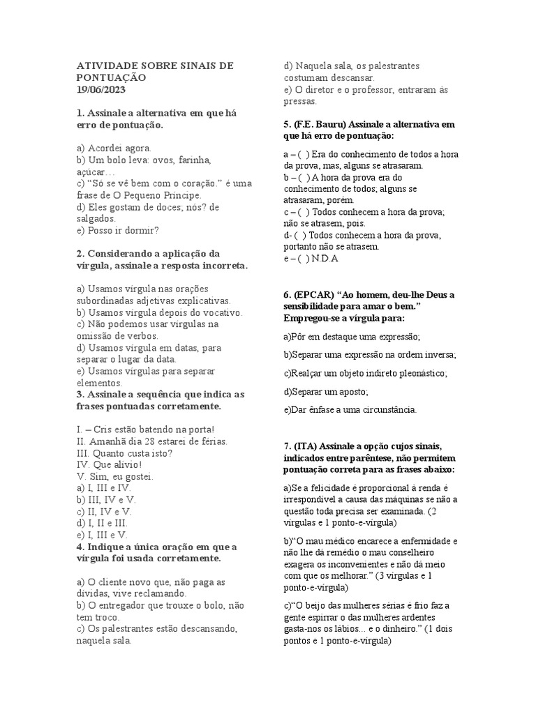 Atividade sobre Pontuação e Vírgulas | PDF