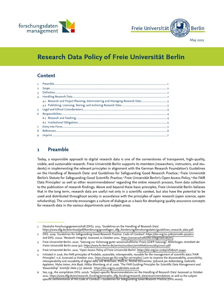Research Data Policy of Freie Universitaet Berlin | PDF | Data | Metadata