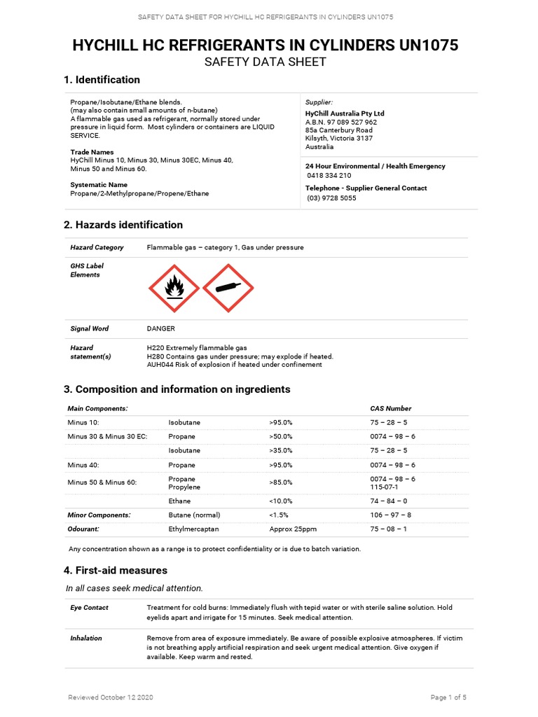 HyChill HC Refrigerants SDS UN1075 | PDF | Propane | Safety