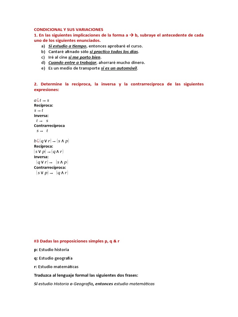 Condicional y Sus Variaciones Matemática Ejercicios | PDF | Métodos y ...