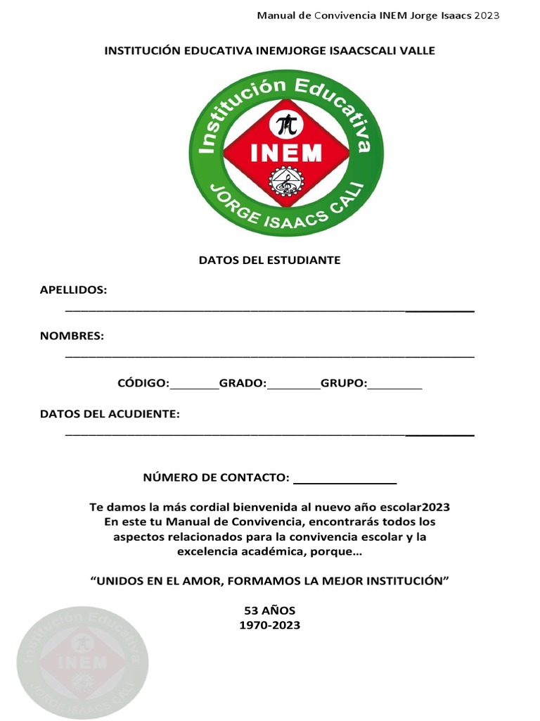 Manual Convivencia INEM Jorge Isaacs 2023 | PDF