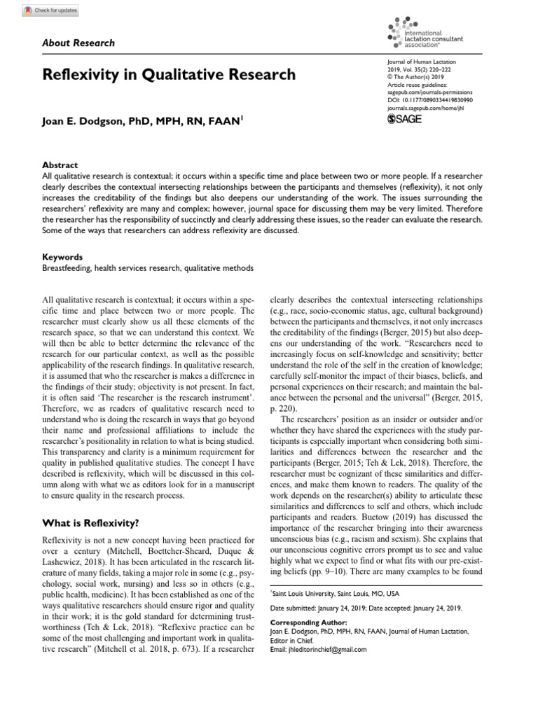 Reflexivity in Qualitative Research: Joan E. Dodgson, PHD, MPH, RN ...