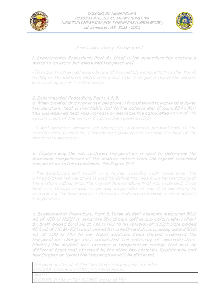 Pre Laboratory Assignment Exp 3 | PDF | Mole (Unit) | Heat