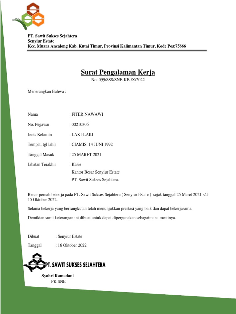 FORM Surat Pengalaman Kerja Fiter Nawawi KASIE SNE | PDF