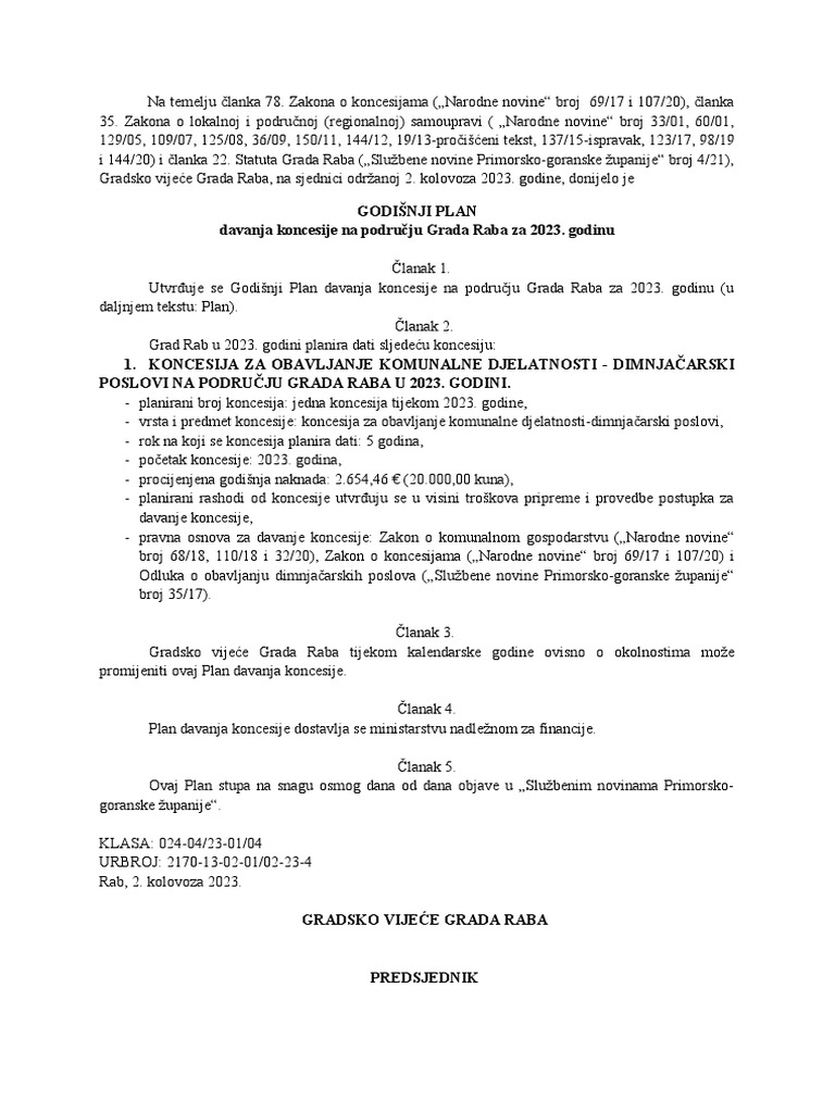 Godisnji Plan Davanja Koncesije Na Podrucju Grada Raba Za 2023. Godinu ...