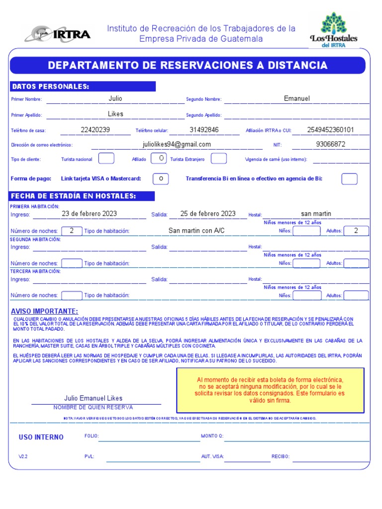 Formulario Reservas A Distancia Hostales RD | PDF | Visa Inc ...