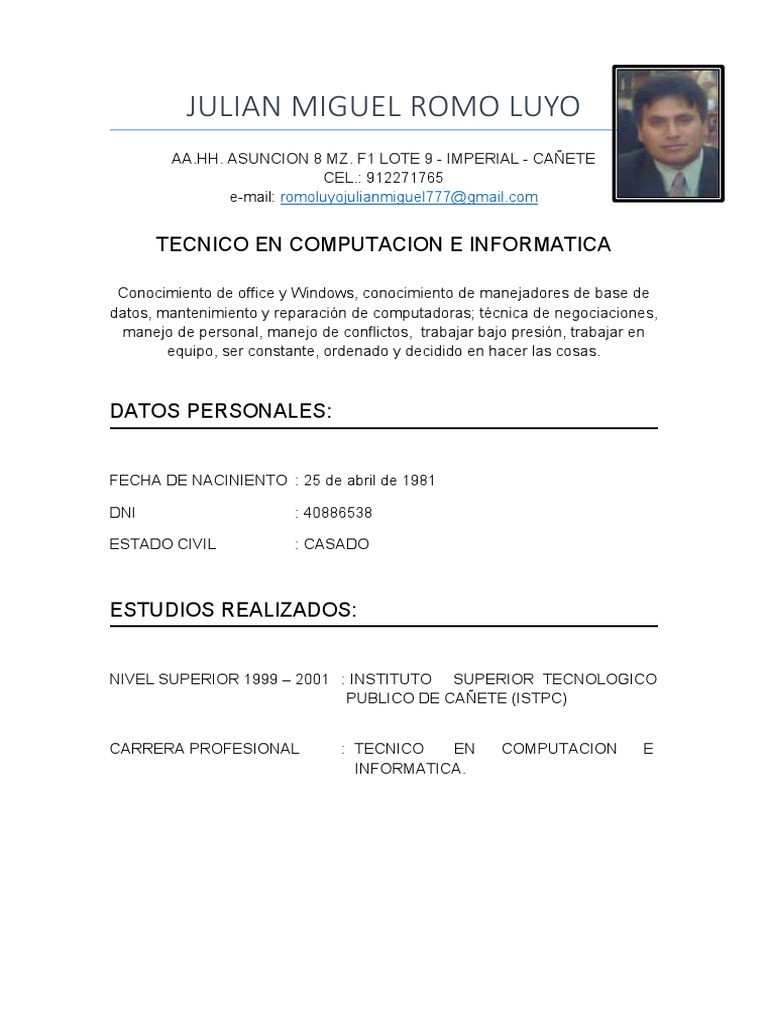 Julian Miguel Romo Luyo Curriculum | PDF | Tecnología