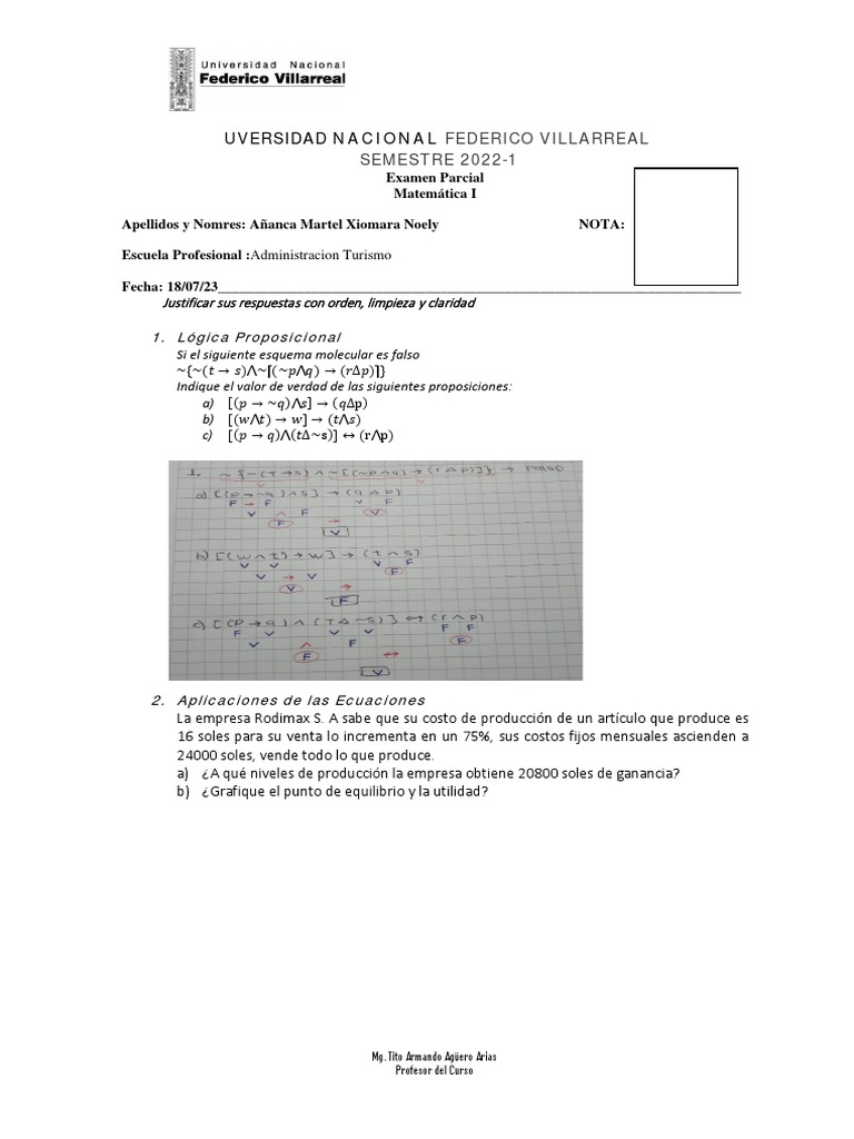 Examen Parcial de Matemática I 2022-1 | PDF | Proposición | Expresiones ...