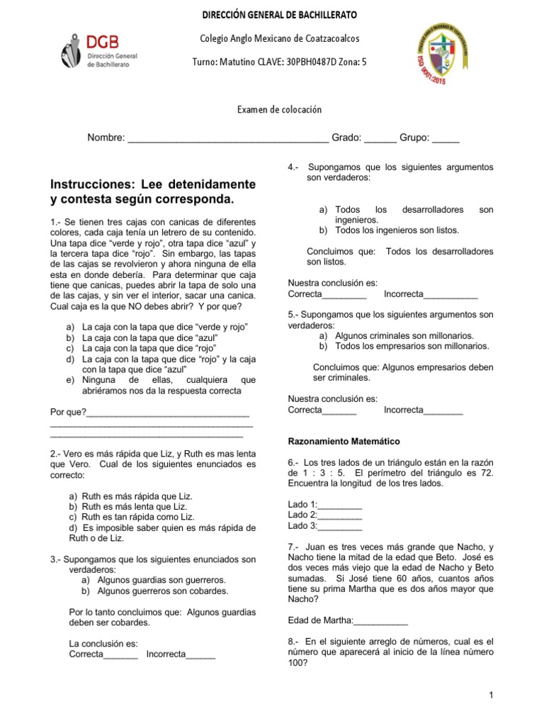 Examen de Colocación | PDF