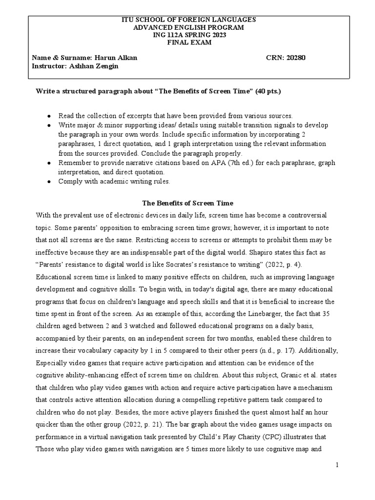 Itu School of Foreign Languages Advanced English Program ING 112A SPRING 2023 Final Exam | PDF