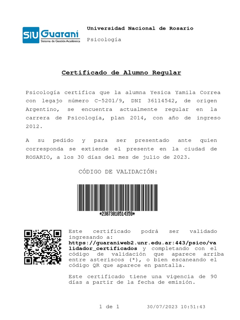 Certificado Alumno Regular | PDF