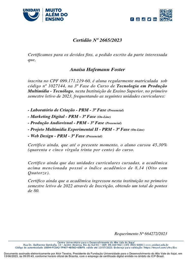 Certidão de Matrícula de Anaísa Foster | PDF