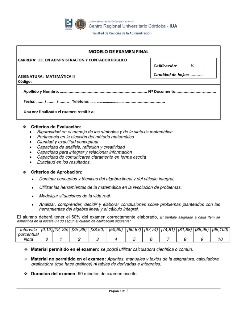 Actividad - Modelo de Examen Final | PDF | Matriz (Matemáticas) | Matemáticas