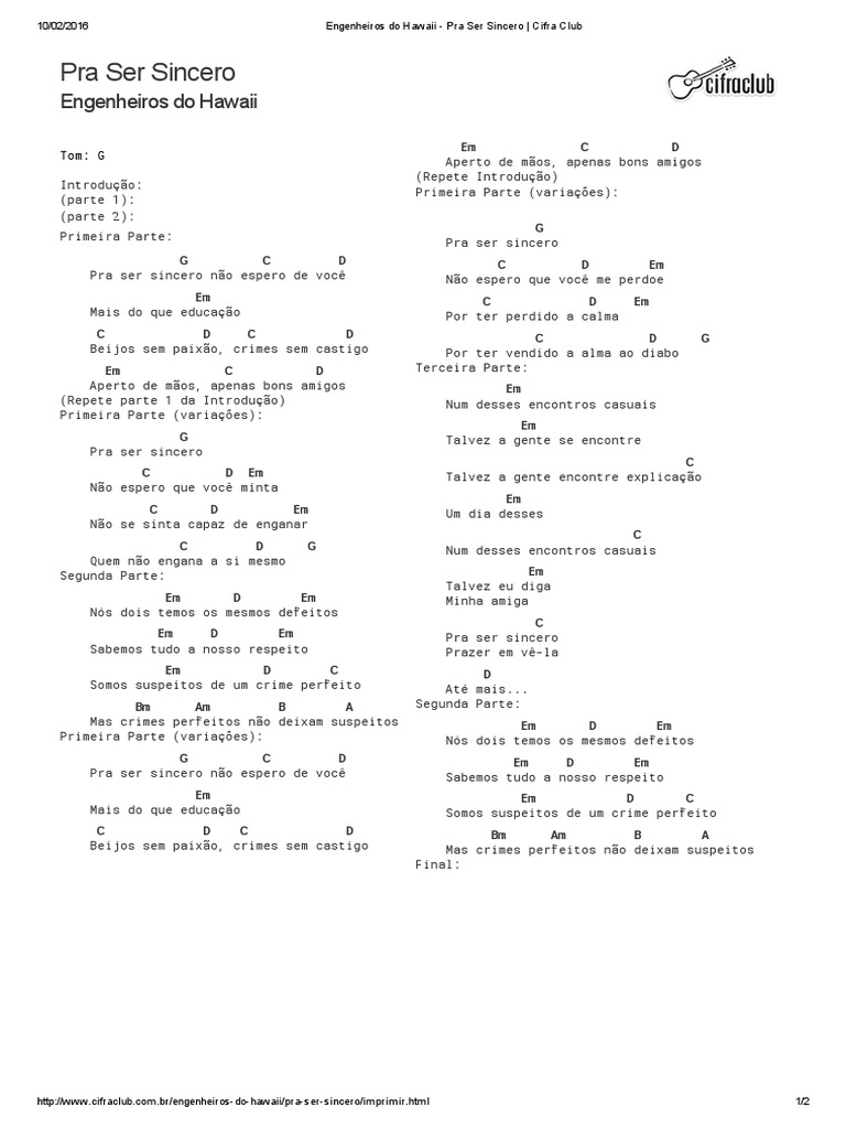 Engenheiros Do Hawaii - Pra Ser Sincero - Cifra Club | PDF