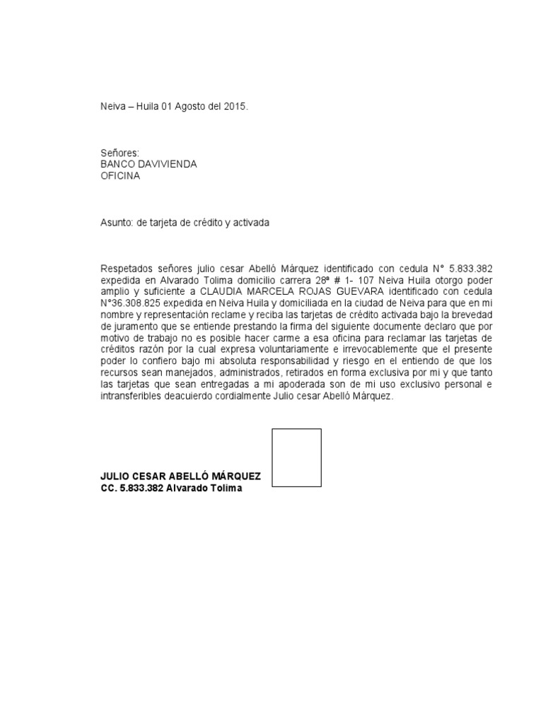 Oficio Dirigido Al Banco Davivienda | PDF