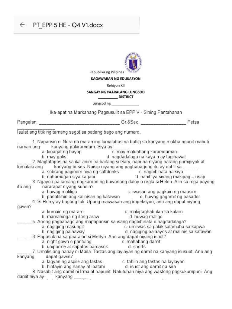 PT - EPP 5 HE - Q4 V1.docx: Republika NG Pilipinas | PDF