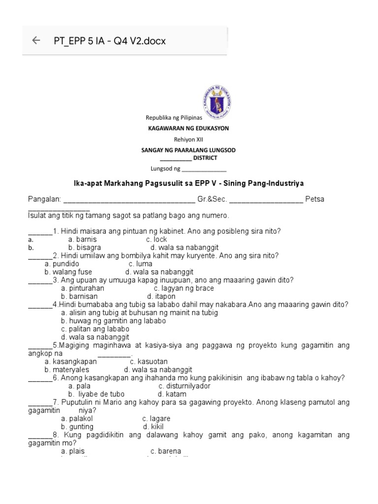 PT - EPP 5 IA - Q4 V2.docx: Ika-Apat Markahang Pagsusulit Sa EPP V - Sining Pang-Industriya | PDF