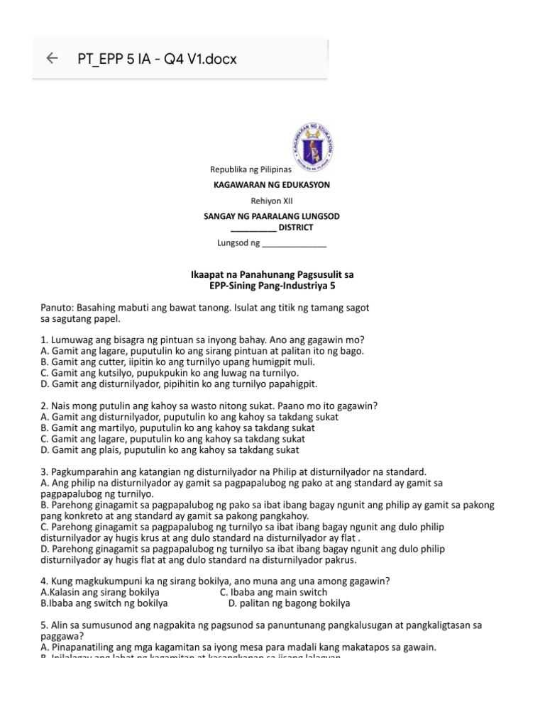 PT - EPP 5 IA - Q4 V1.docx: Ikaapat Na Panahunang Pagsusulit Sa EPP-Sining Pang-Industriya 5 | PDF