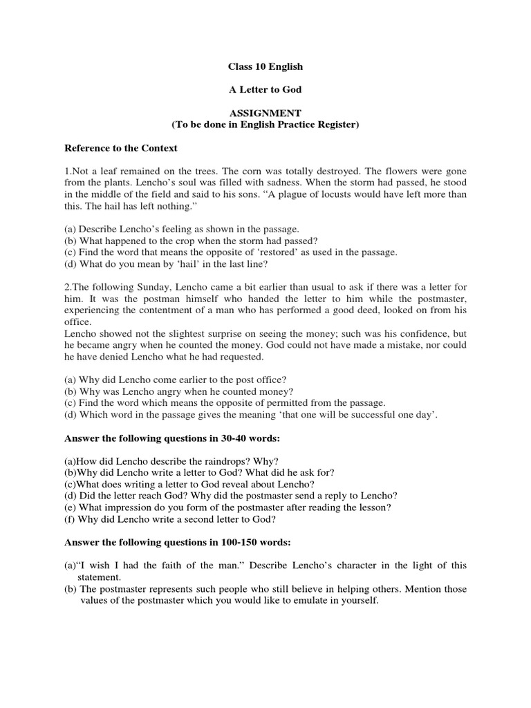 Lencho's Letter to God: Class 10 Assignment | PDF | Language Arts ...