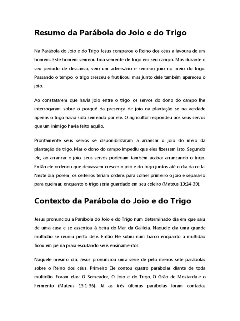 Resumo da Parábola do Joio e Trigo | PDF | Jesus | Trigo