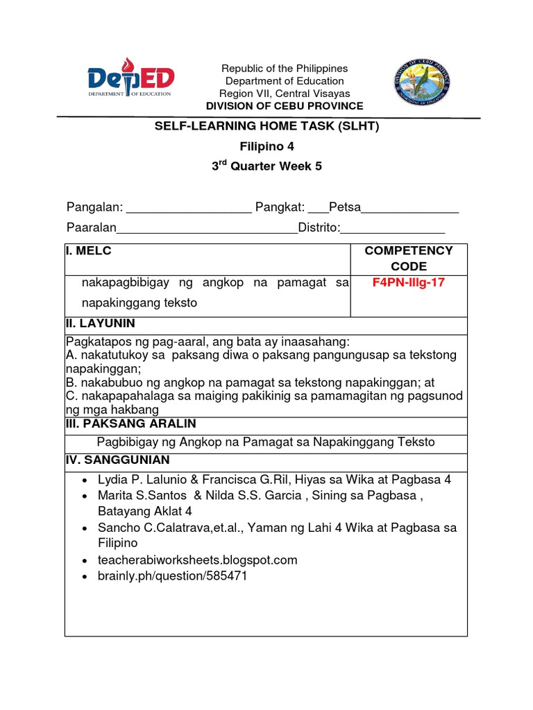 SLHT Filipino 4 Quarter 3 Week 5 Lesson 3 | PDF SLHT Filipino 4 Quarter 3 Week 5 Lesson 3 | PDF
