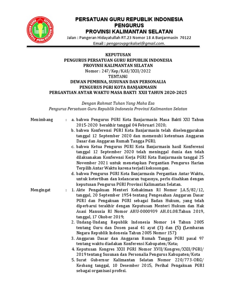 SK Pengurus Pgri Kota Banjarmasin - Pergantian Antar Waktu | PDF