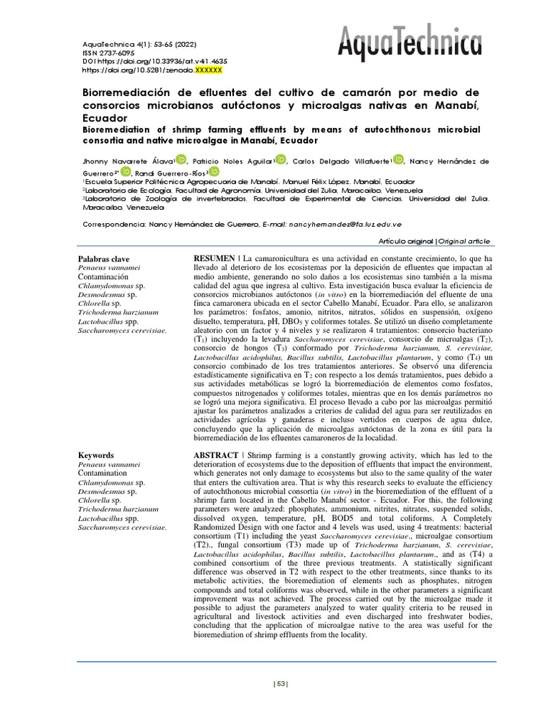 Biorremediación de Efluentes Del Cultivo de Camarón Por Medio de ...