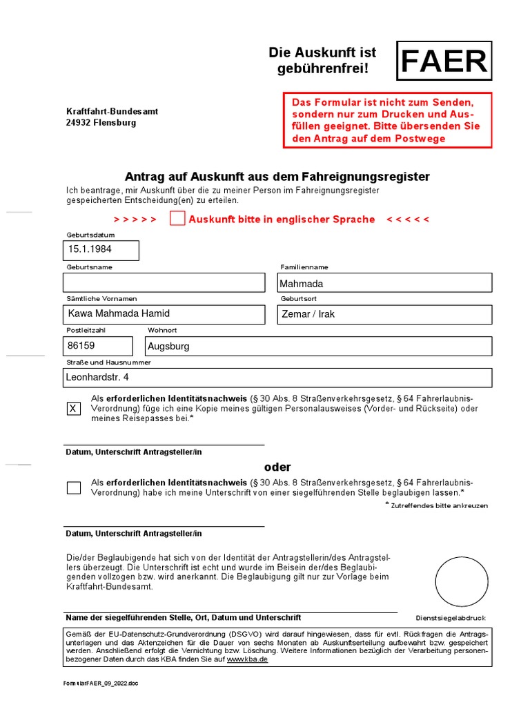 Fahreignungsregister Antrag Auskunft Kawa Aug2023 | PDF