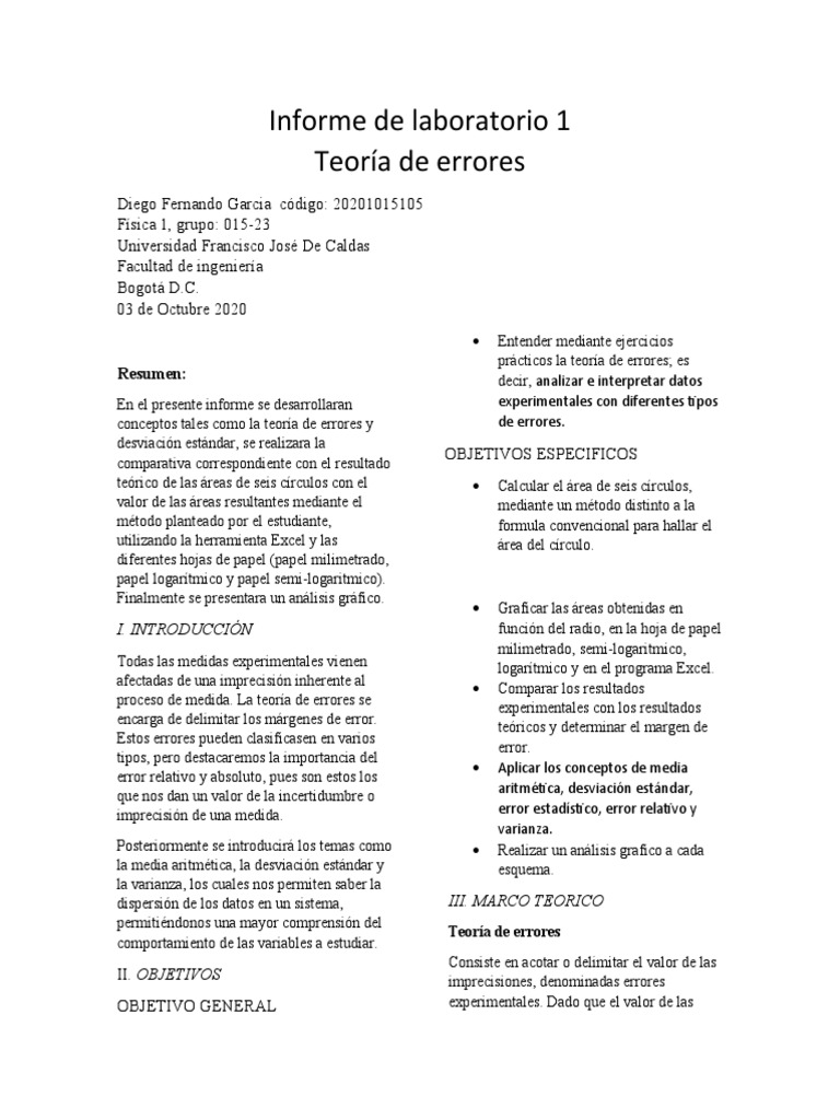 Informe de Laboratorio 1 (Teoria de Errores) | PDF | Desviación Estándar | Media