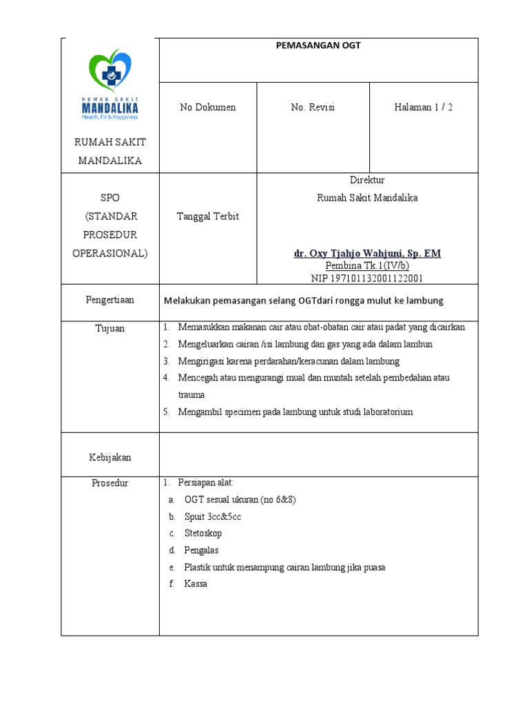 Pemasangan Ogt: Dr. Oxy Tjahjo Wahjuni, Sp. EM | PDF