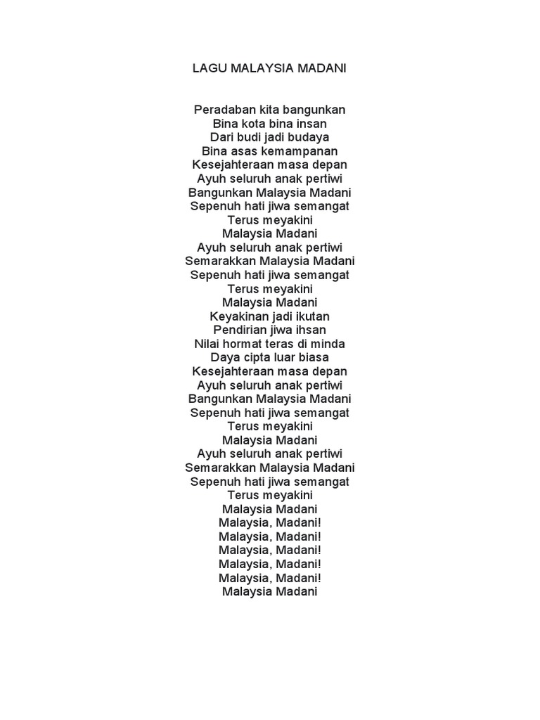 Lirik Lagu Malaysia Madani | PDF