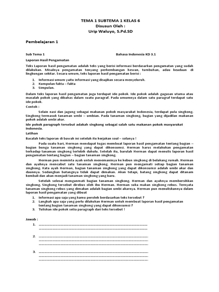 Materi Pembelajaran Tematik 1 Sub Tema 1 KL 6 | PDF