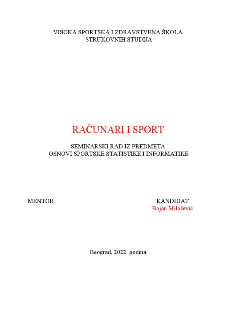 Seminarski Rad Iz Predmeta Osnovi Sportske Statistike I Informatike | PDF