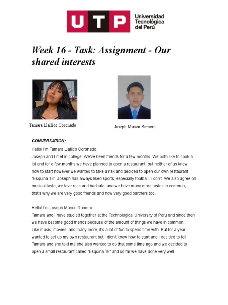 Week 16 Task Assignment Our Shared Interests | PDF